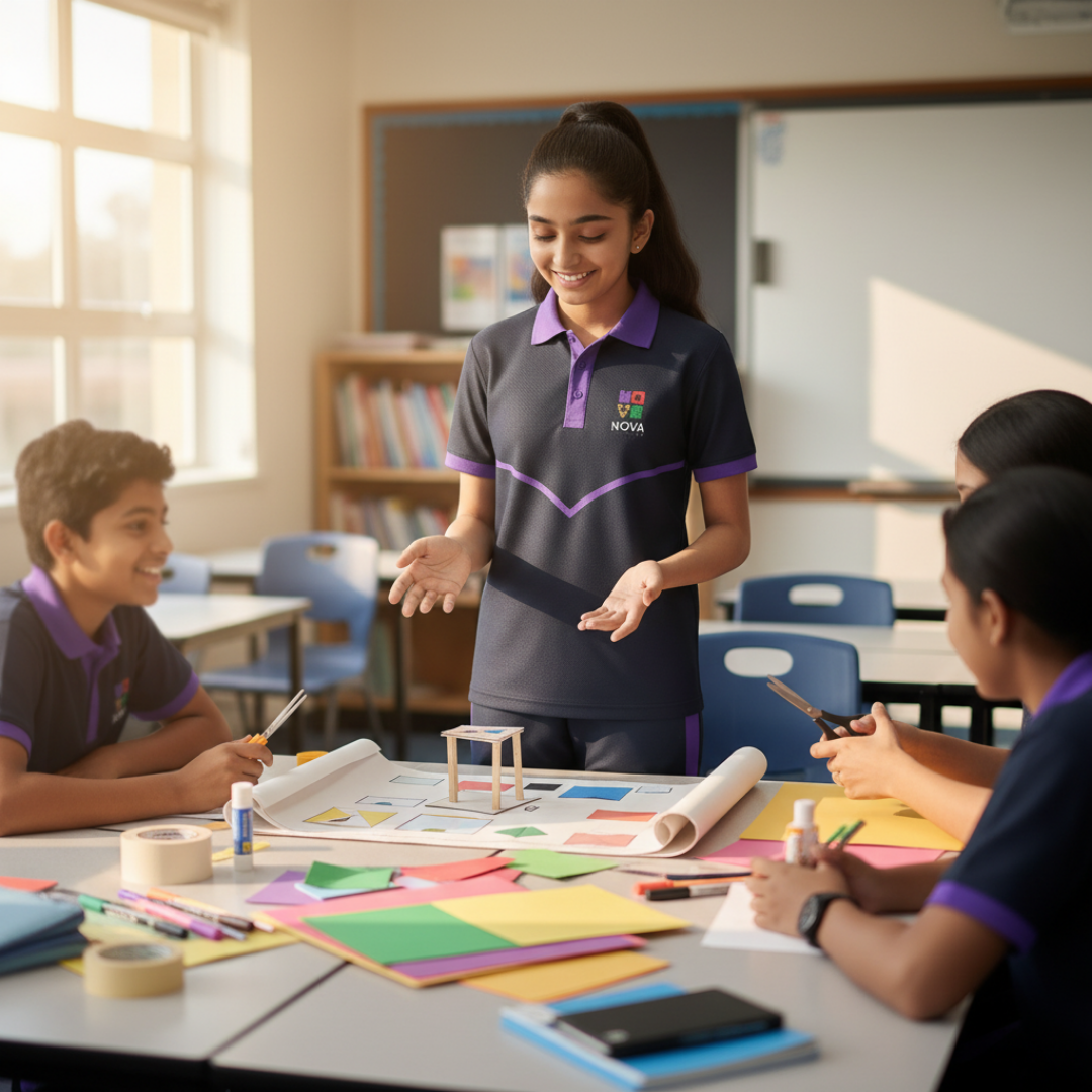 Students collaborating on a project in classroom